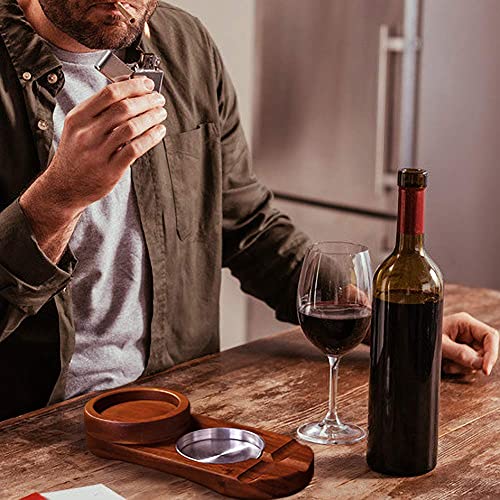 Cigar Ashtray Coaster Whiskey Glass Tray and Cigar Holder, Wooden Ash Tray, Slot to Hold Cigar, Cigar Rest, Cigar Accessories Set Gift for Men Dad, Great Decor for Home,Office or Bar