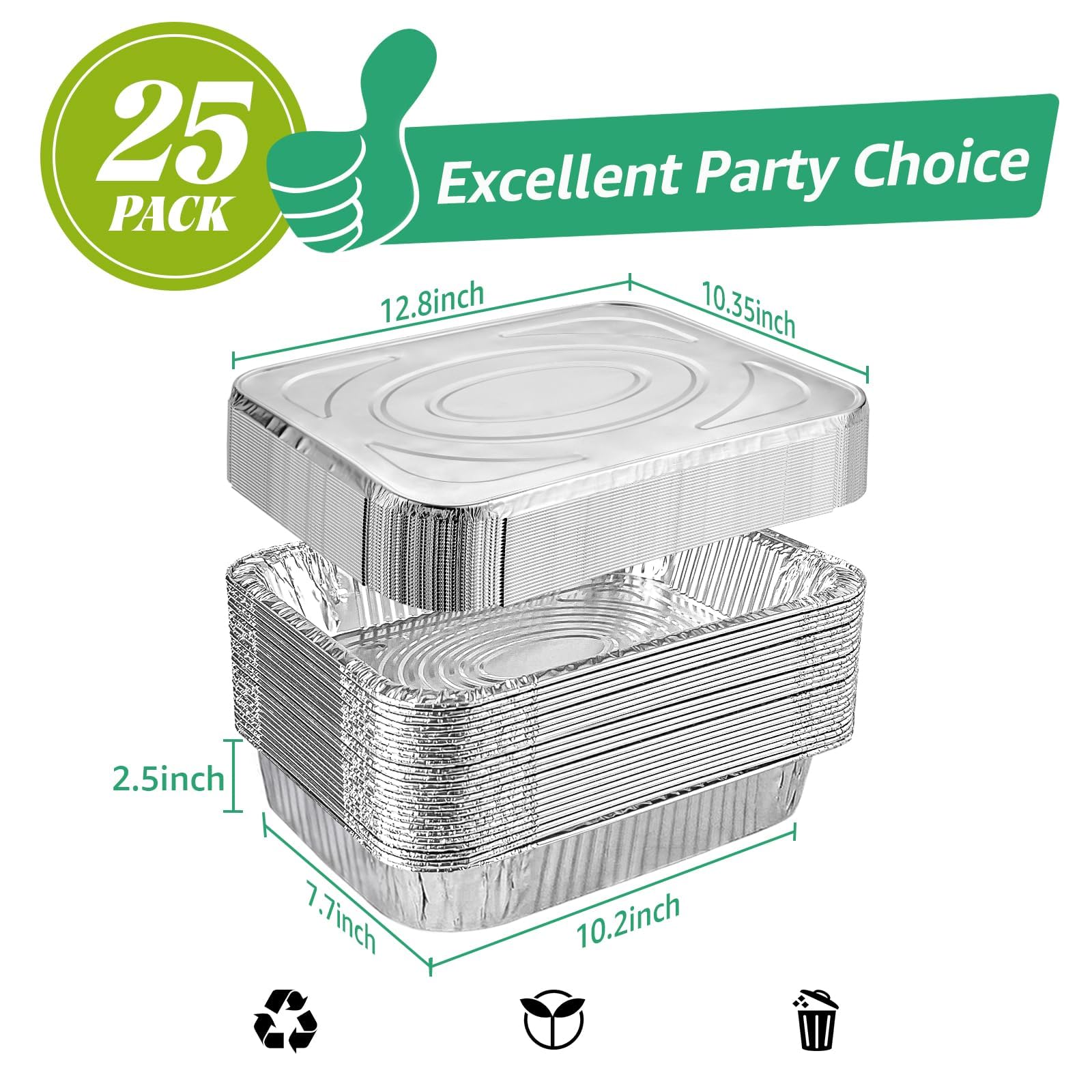 biocean Aluminum Pans with Lids 9x13 Inch 25 Pack, Extra Heavy Duty 25 Foil Pans and 25 Foil Lids for Prepping Food, Storing Heating, Cooking, Baking, Roasting