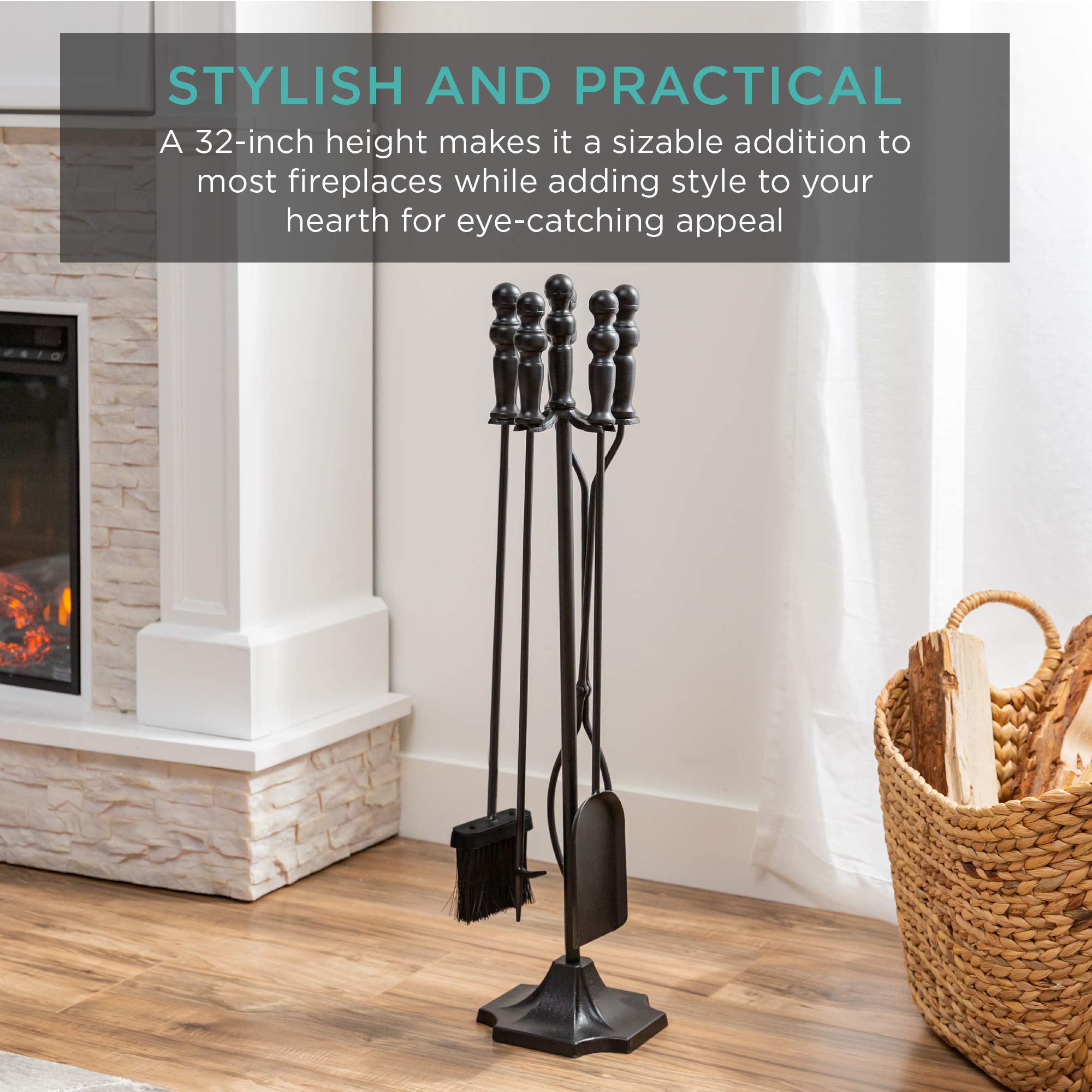 Best Choice Products Fireplace Tool Set 5pc Indoor Wrought Iron Outdoor Firepit Tool Set w/Poker, Tongs, Broom/Brush, Stand - Copper