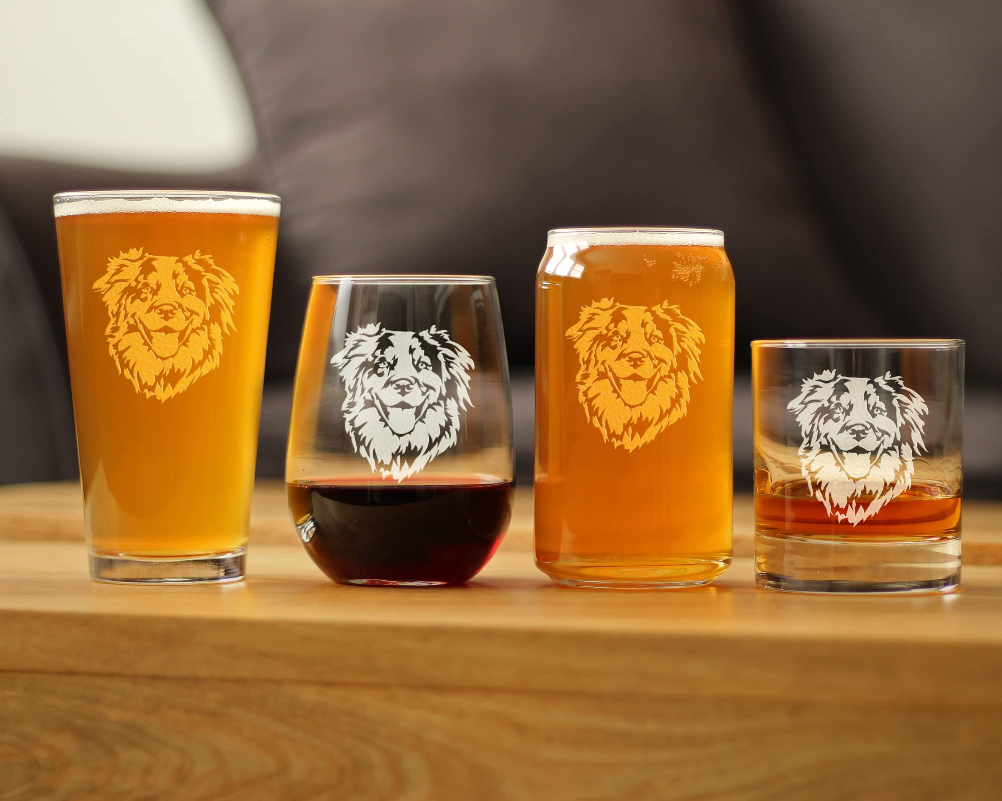 Australian Shepherd Face - Stemless Wine Glass - Unique Dog Themed Decor and Gifts for Lovers of Aussies - Large 17 Ounce