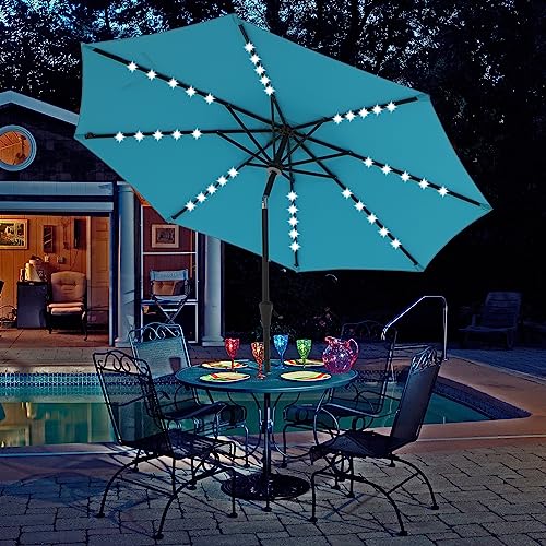 COBANA 9’ Solar Patio Umbrella with 40 LED Lights, Outdoor Table Market Umbrella with Tilt and Crank for Garden, Lawn, Deck, Backyard and Pool, Blue