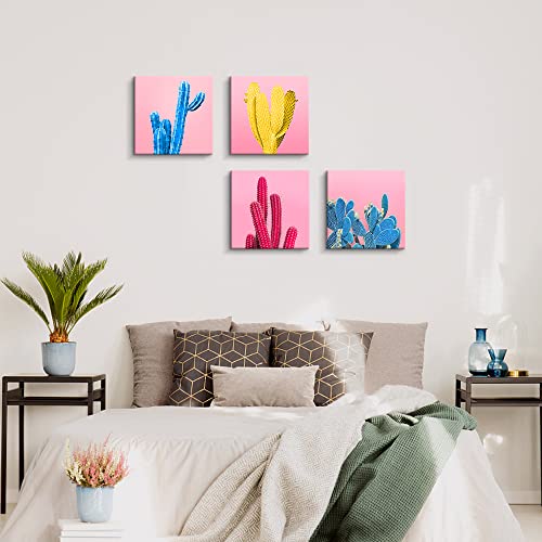 Creoate Pink Cactus Wall Art for Living Room Decor, 4 Panels Tropical Plant Picture Framed Canvas Print Artwork Set Wall Decorā¦