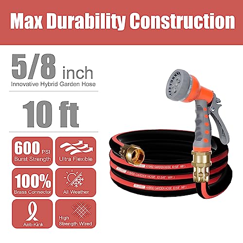 M JJYPET Upgraded Hybrid Garden Hose,5/8in.x10ft,Light Weight,No Kink Water Hose with 7 Function spray Hose Nozzle,Leak Proof Short Hose for Outside Car,Floor,Yard Washing,Garden Watering.(10FT)
