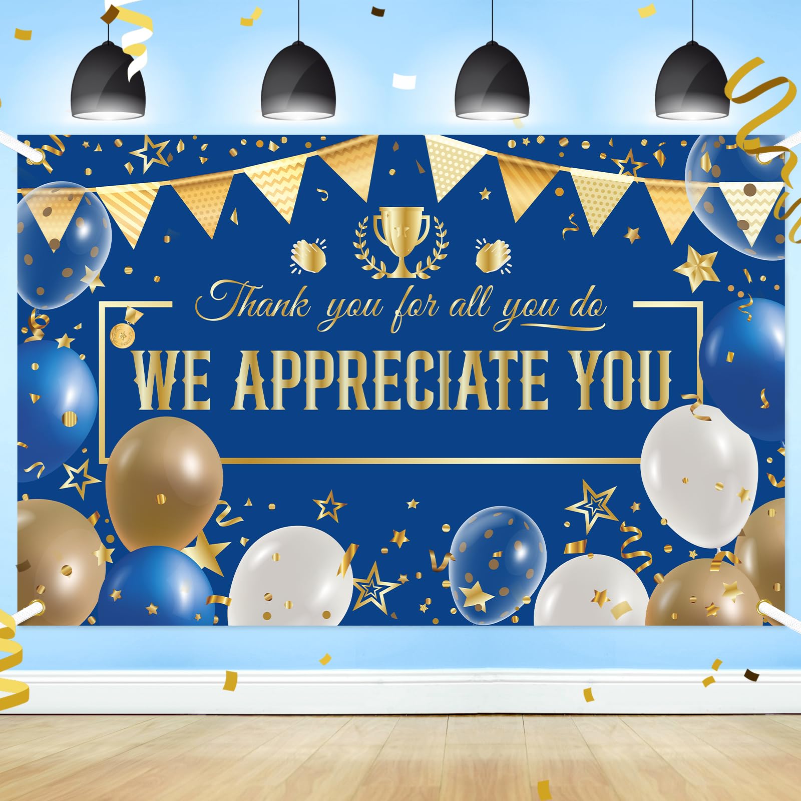 We Appreciate You Banner Backdrop -Wxiben Blue Employee Appreciation Decoration Thank You Nurse Teacher Banner Farewell Going Away Party Backdrop Supplies Work Anniversary Appreciation Decor(71*45 In)