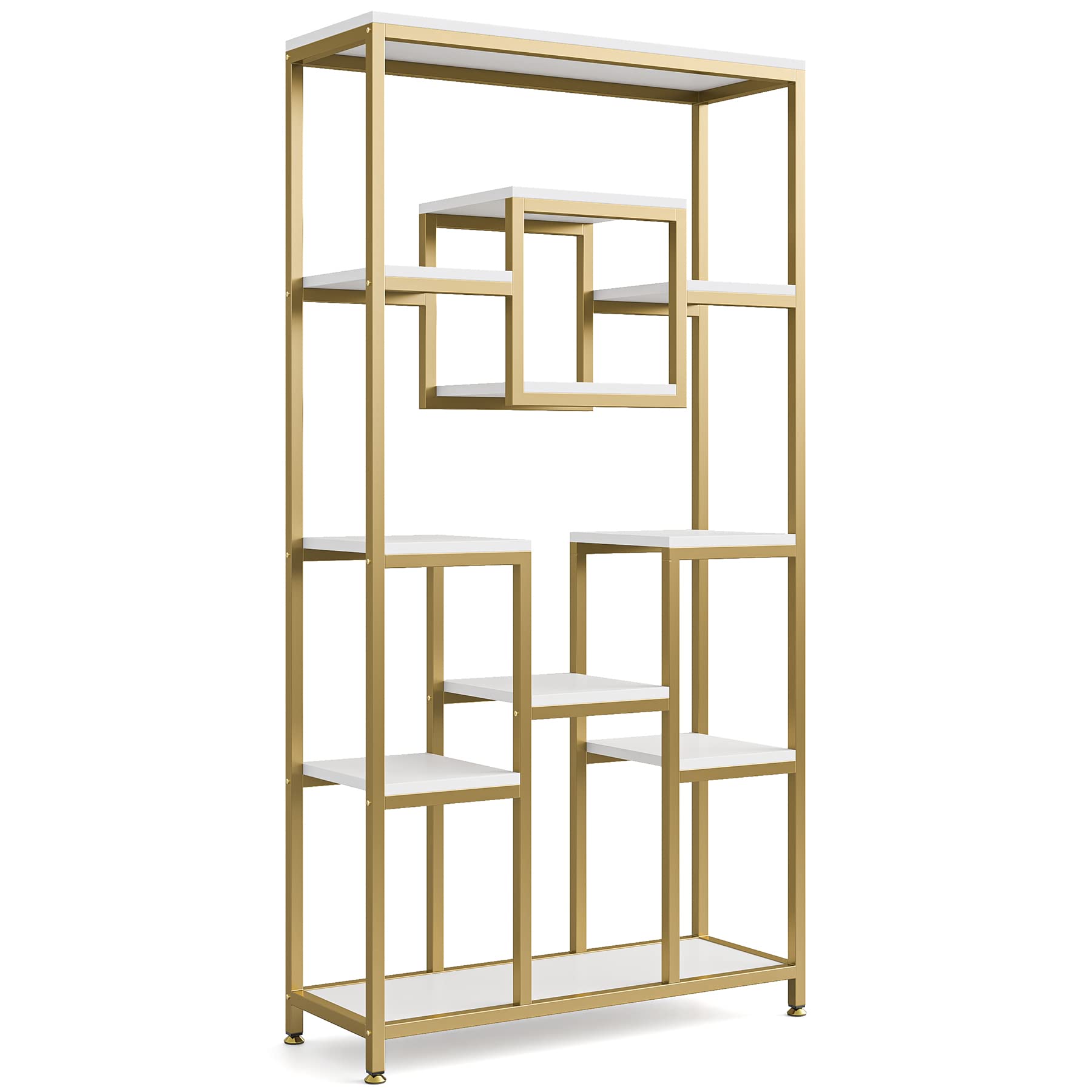 Tribesigns Bookcases and Bookshelves, 71โ Tall Bookshelf with Metal Frame, Freestanding Geometric Bookcase with Open Display Shelf for Living Room, Bedroom, Home Office, White and Gold