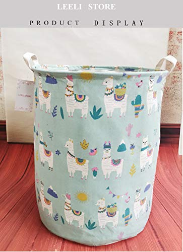 LEELI Laundry Hamper with Handles Collapsible Canvas Laundry Basket,Waterproof Storage Basket Home Organizer for Nursery,Clothes,Toys,Baby Hamper19.7×15.7(Blue Llama)