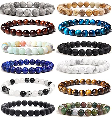 FINZOR 12 Pcs 8mm Gemstones Beaded Bracelets for Men Women Semi-Precious Stone Healing Stretch Round Bead Crystal Bracelets Unisex
