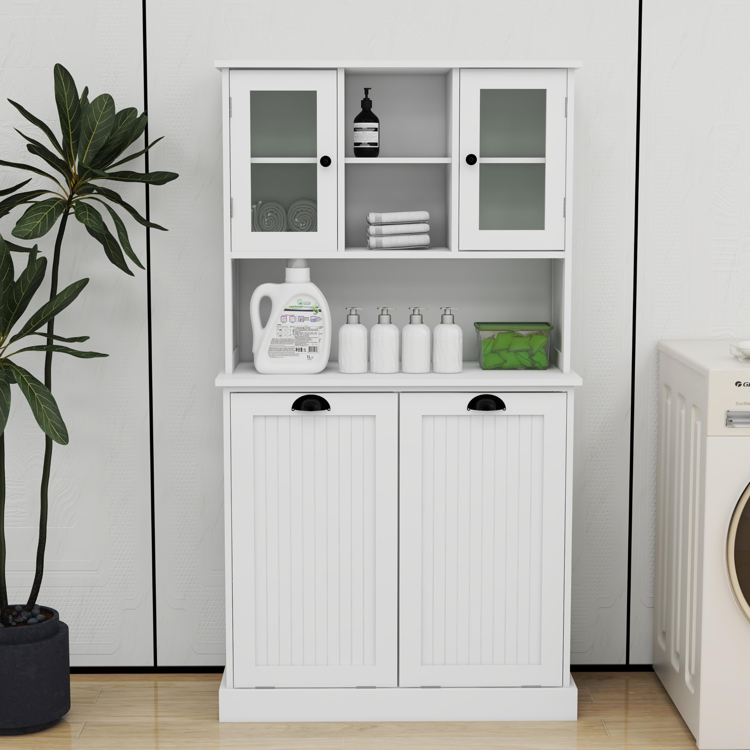OQSC Tall Tilt-Out Double Doors Laundry Cabinet Hamper, Large Pull Out Laundry Room Storage Cabinets, Bathroom Cabinet with Hidden Laundry Hamper & Glass Doors, White,13 * 2 Gallons