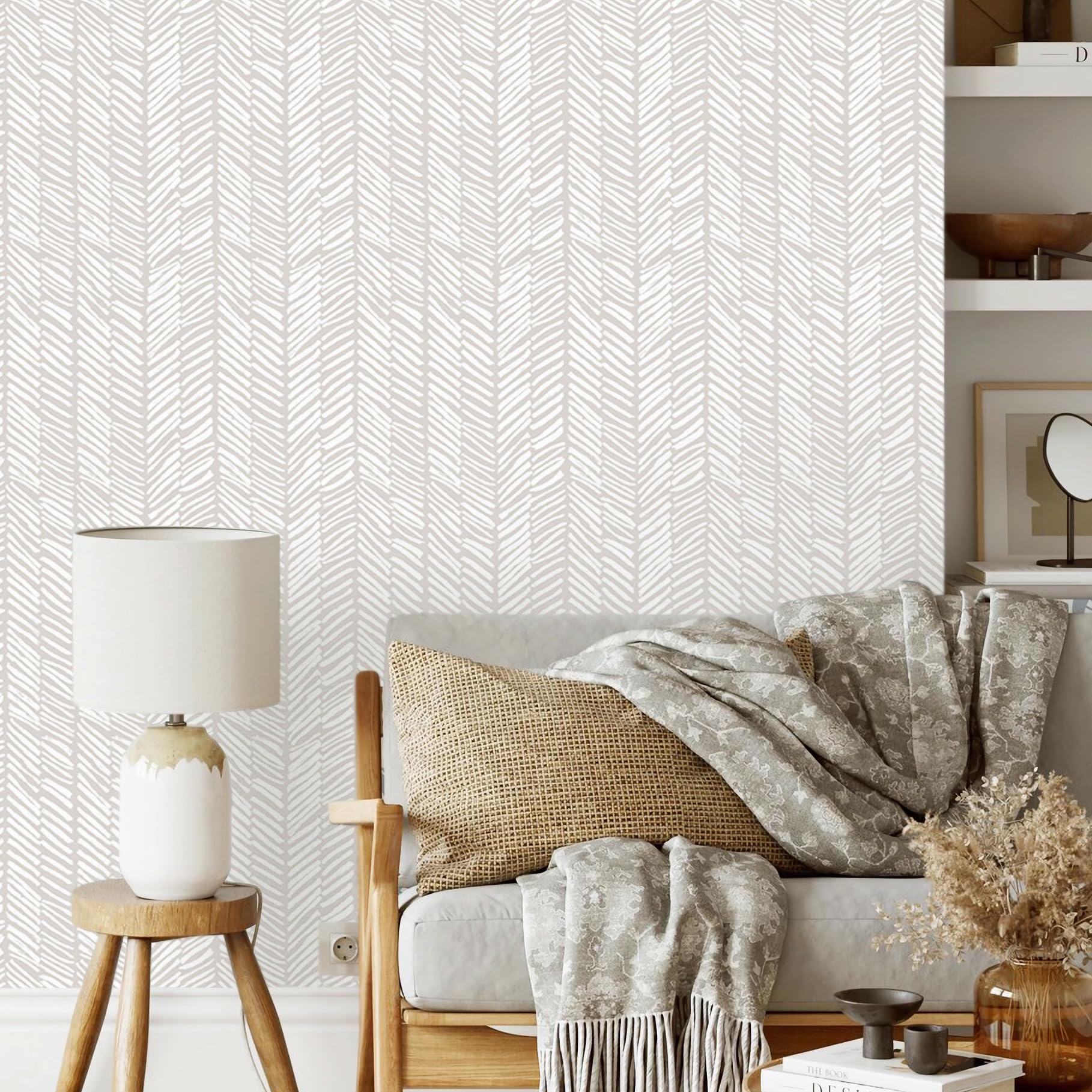 MelunMer Modern Peel and Stick Wallpaper Boho Contact Paper for Cabinets Stripe Wallpaper Line Self-Adhesive Wallpaper Removable Wallpaper for Bathroom Bedroom Shelf Liner Beige Waterproof 78.7"x17.3"