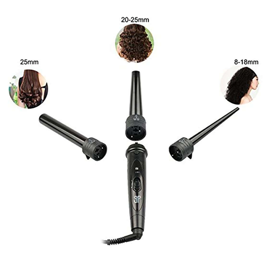iMissiu Tourmaline 3 in 1 Curling Wand Set with 3 Interchangeable Curling Iron Ceramic Barrels with Heat Resistant Glove – Black