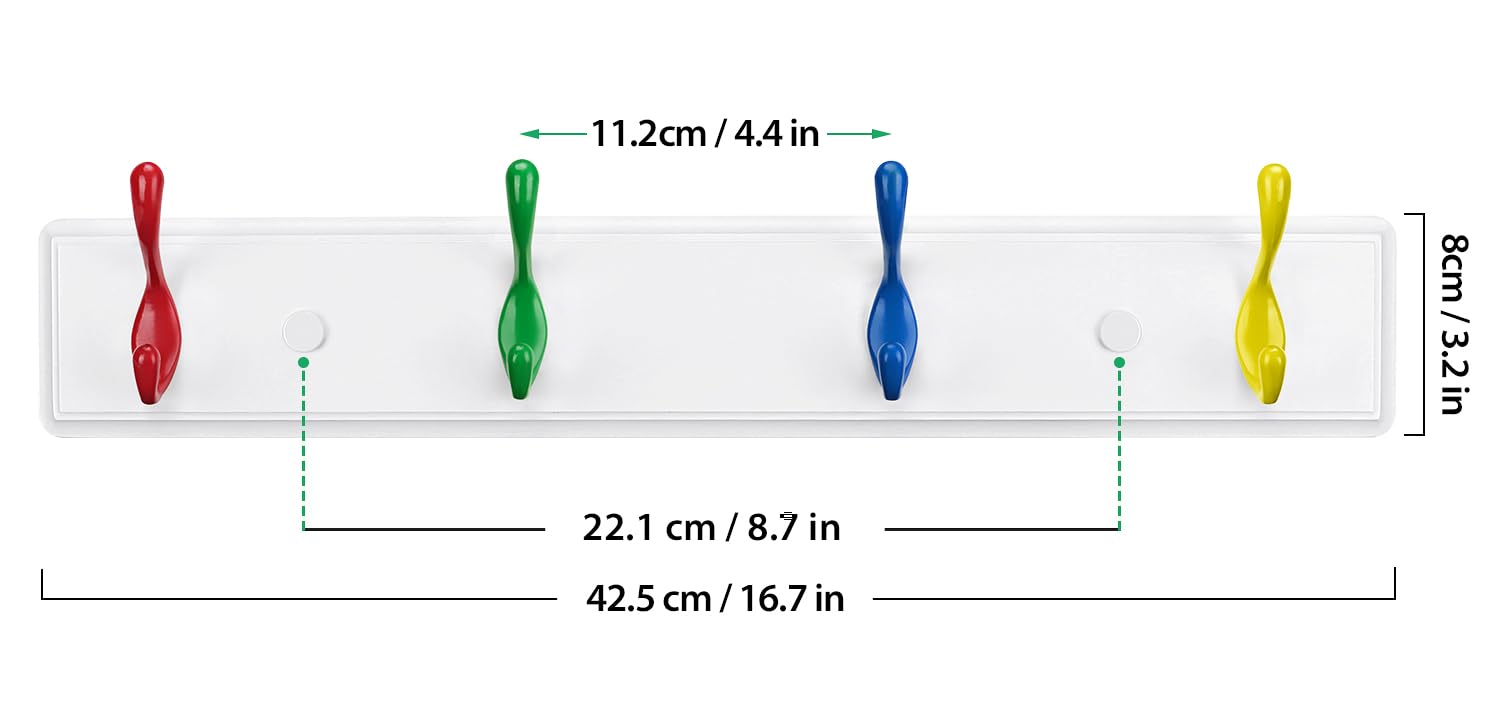 Wall Mount Coat Rack, Kids Mounted Organizer for Closet, Bathroom, Bedroom, Entryway, Hallway, Foyer, Heavy Duty Double Hooks Hanging Towels, Hats, Bags, Backpacks, Jackets, Keys (Mix4, 4 Hooks)