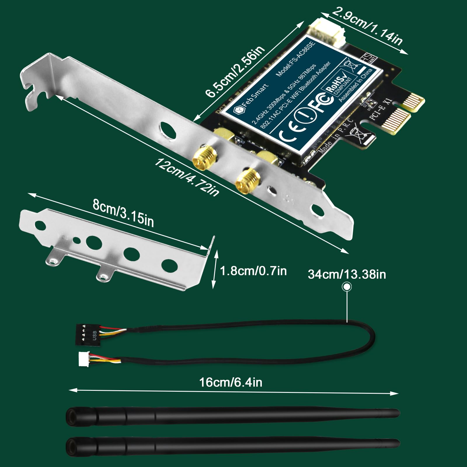 FebSmart Wireless-AC Dual Band 1200Mbps (2.4GHz 300Mbps and 5GHz 867Mbps) PCI Express WiFi Card for Windows XP, 7, 8.x, 10, 11 (32/64bit) and Windows Server Desktop PCs, PCIE WiFi Adapter (FS-AC86SE)