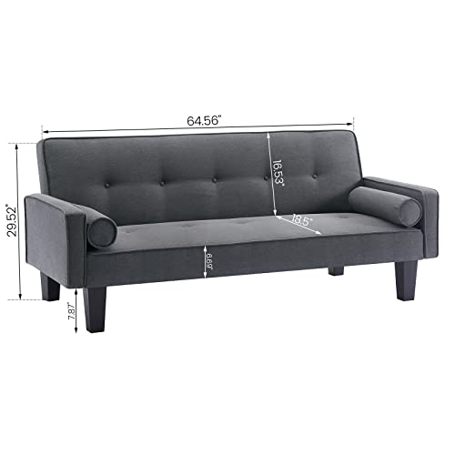 AWQM Futon Sofa Bed, Upholstered Convertible Folding Sleeper Sofa with 2 Pillows, Modern Futon Couch for Apartment, Small Loveseat for Living Room and Bedroom, Dark Grey