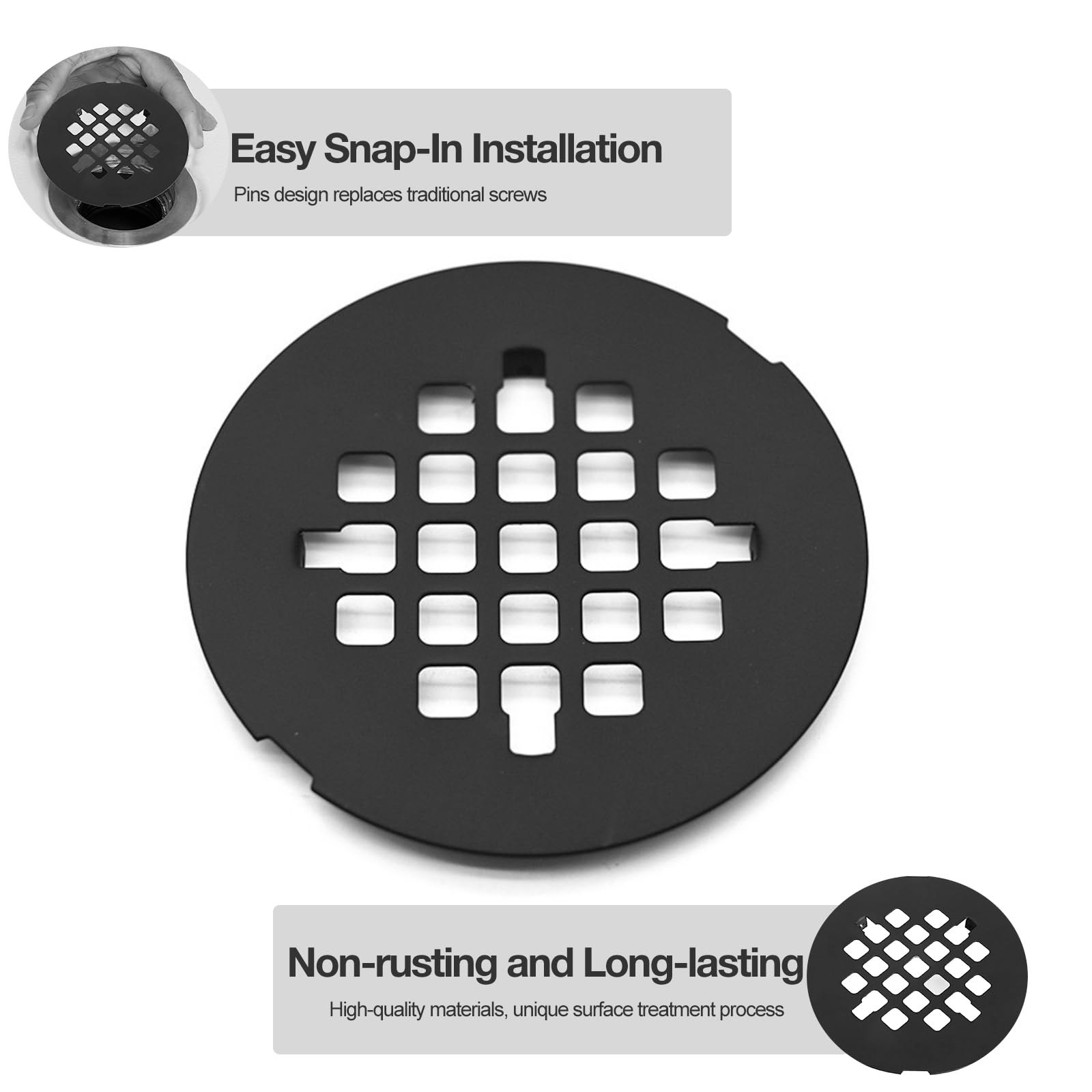 MUZISST 4-1/4β OD Snap-in Round Shower Drain Cover, Shower Drain Hair Catcher Replacement Floor Drainer, Sturdy and Durable Drain Cover, Easy to Install, Matte Black