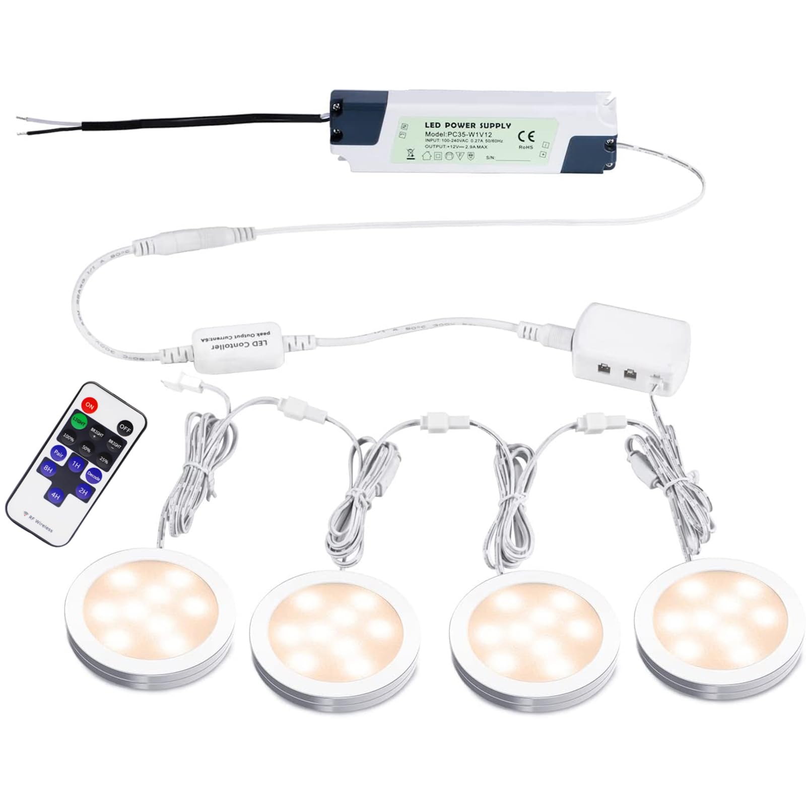 AIBOO Linkable LED Under Cabinet Lights Direct Wired 12V Slim Aluminum Dimmable Puck Lights with RF Remote Control for Accent Lighting (4 Lights, Warm White, NO Wall Plug)