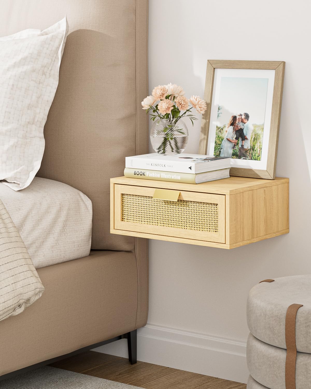 Aobafuir Floating Nightstand Shelf with Drawer, Small Modern Wall Mounted Nightstand, Shelves for Bedroom, Oak Rattan