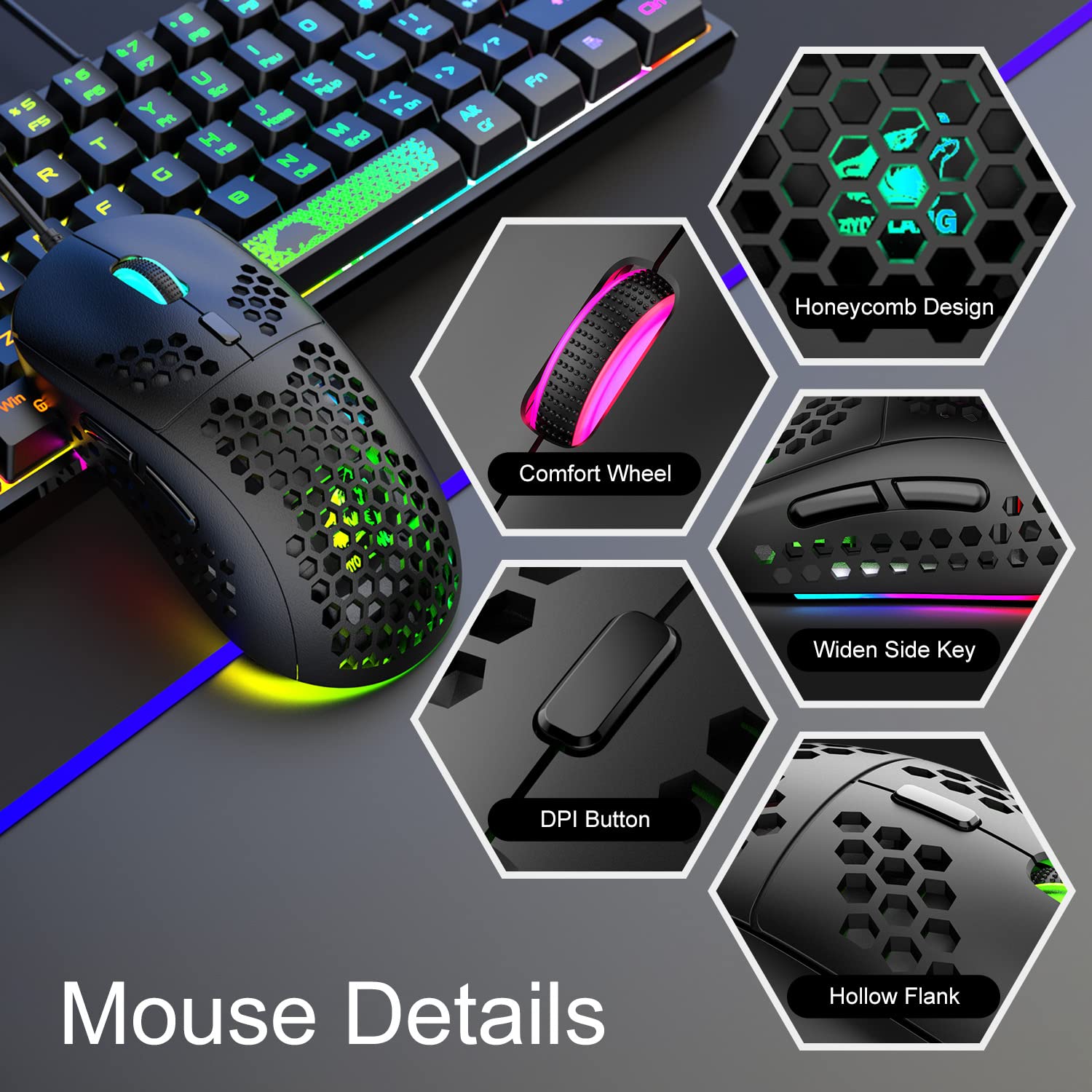 60% Gaming Keyboard and Mouse Combo Samll Mini RGB Backlight Mechanical Feeling and Mechanical RGB 6400 DPI Honeycomb Optical Mouse,Gaming Mouse pad for Gamers and Typists (Green)