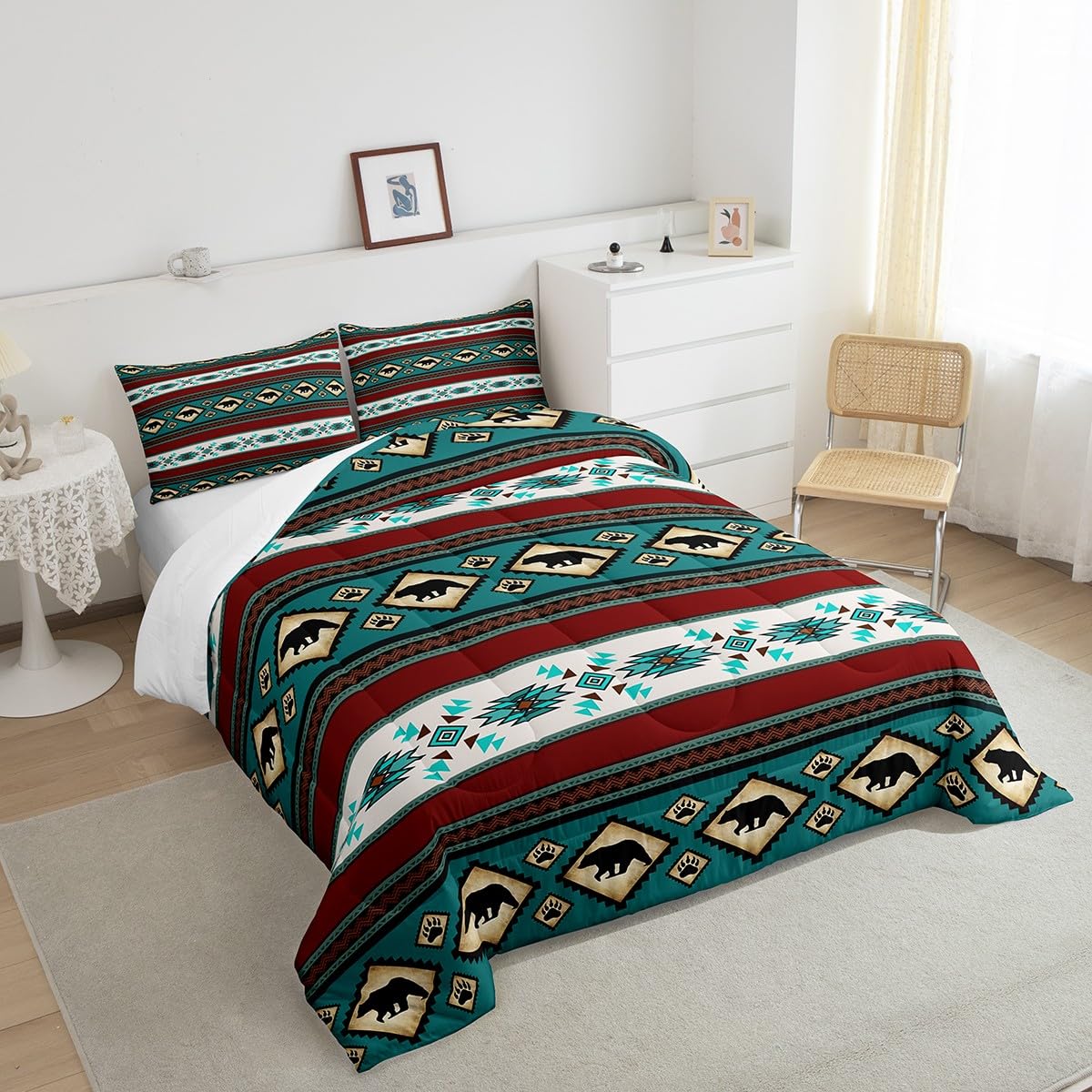Western Boho Bear Bedding Set Full, Southwestern Aztec Comforter for Kids Boys Girls Boho Exotic Comforter Set Farmhouse Rustic Cabin Duvet Set 3Pcs