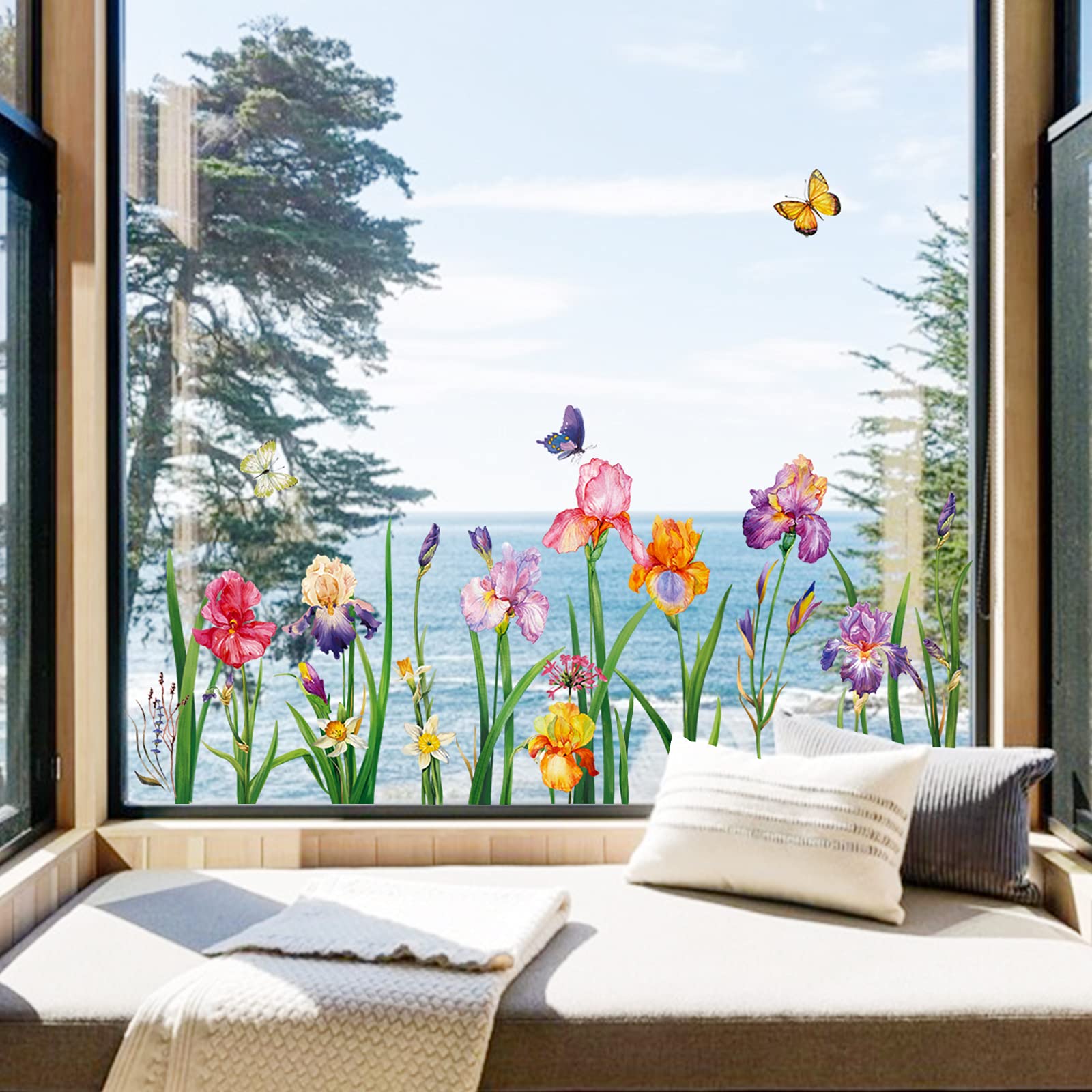 decalmile Garden Flower Window Clings Double Sided Iris Floral Spring Easter Window Decals Glass Window Doors Window Stickers Gifts for Mom