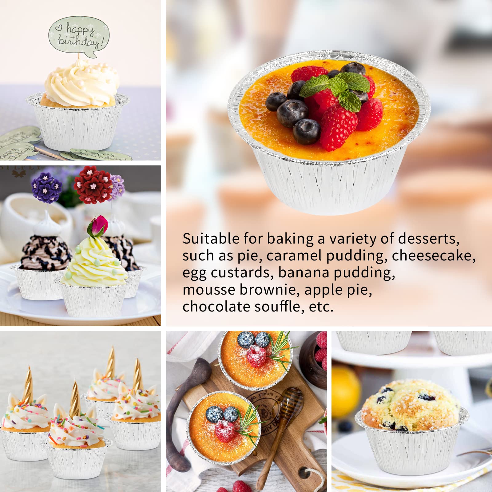Aluminum Foil Baking Cups, Disposable Ramekin 2.4 Oz Silver Foil Cupcake liners, 200 Pcs Aluminum Baking Cups Egg Tart Liners for Baking, Cupcake, Pudding, Muffin , Creme Brulee