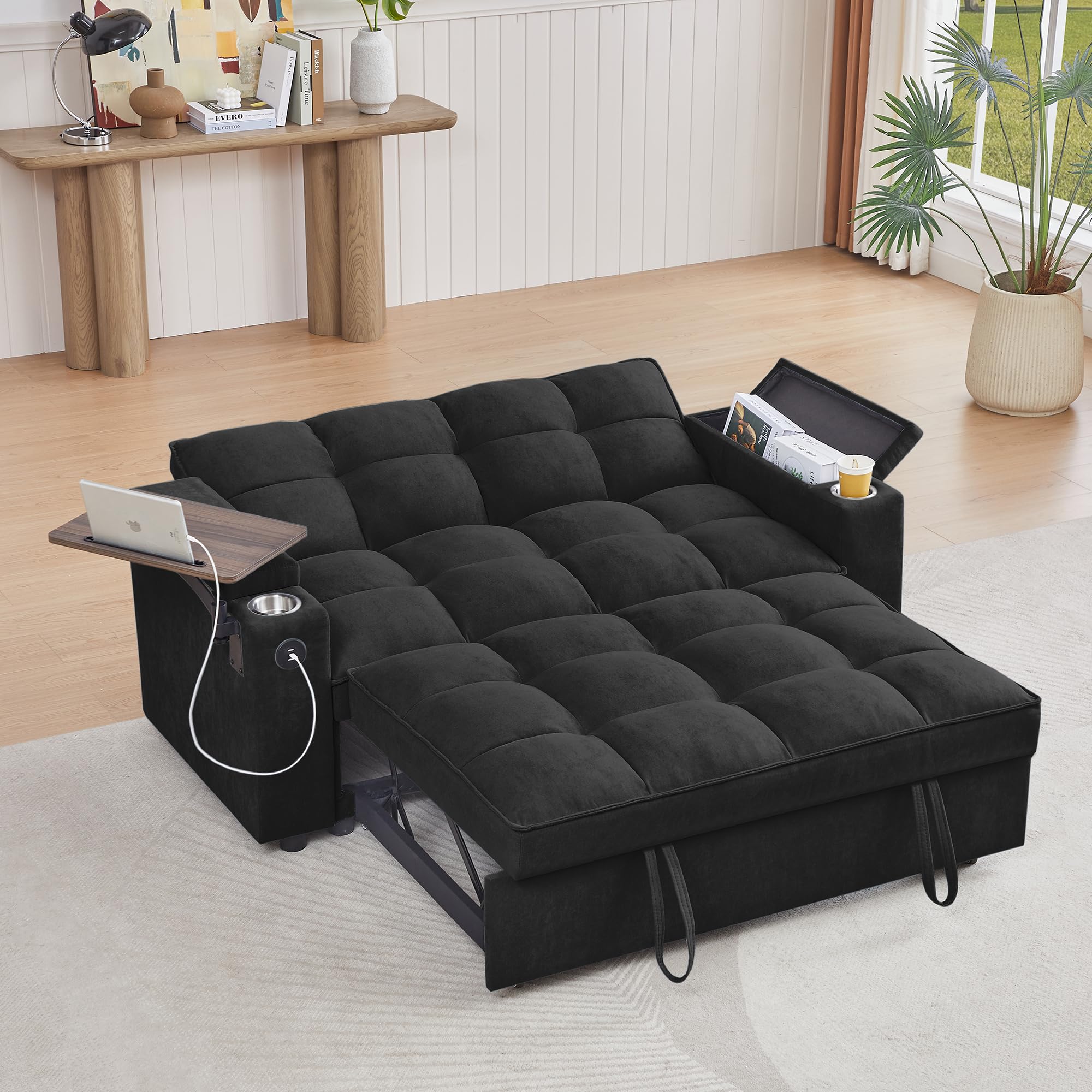 Auvsoce 65'' Convertible Queen Size Sleeper Sofa Bed.Modern Chenille Fabric Sofa with Pull Out Bed and 360 Degree rotatable Side Table for Living Room,RV, Trailer, Basement, Big Horn (Black)