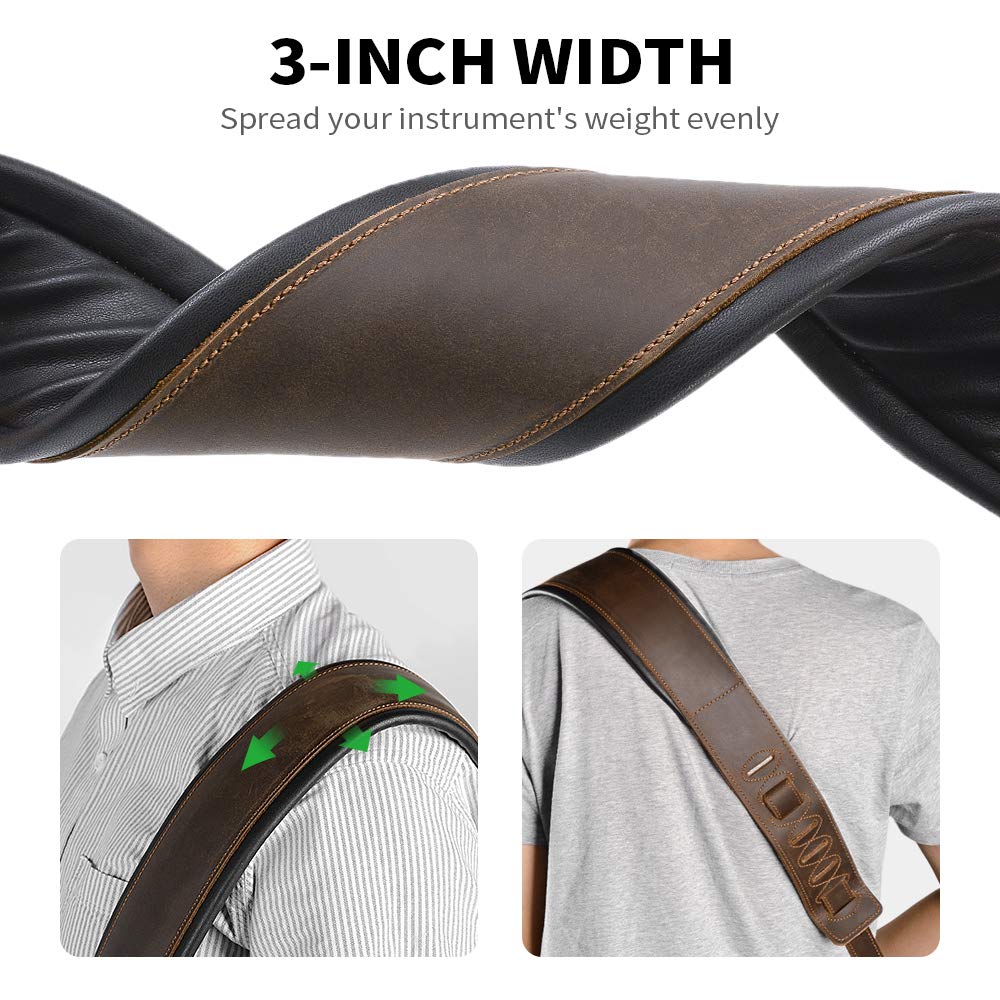 BestSounds Guitar Strap Leather 3 Inch Wide Full Grain Padded Soft Leather Strap for Acoustic, Electric and Bass Guitars (Whiskey Brown)