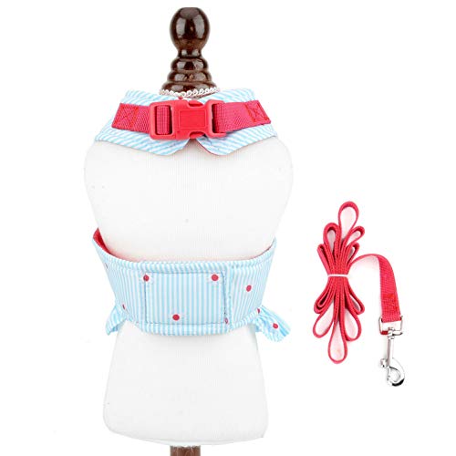SMALLLEE_LUCKY_STORE Bow Flower Striped Print Cat Small Dog Harness Dress with Leash for Girls Adjustable No Pull Escape Proof Soft Walking Jacket Waterproof Puppies Kitten Harness Vest Outdoor,Blue S