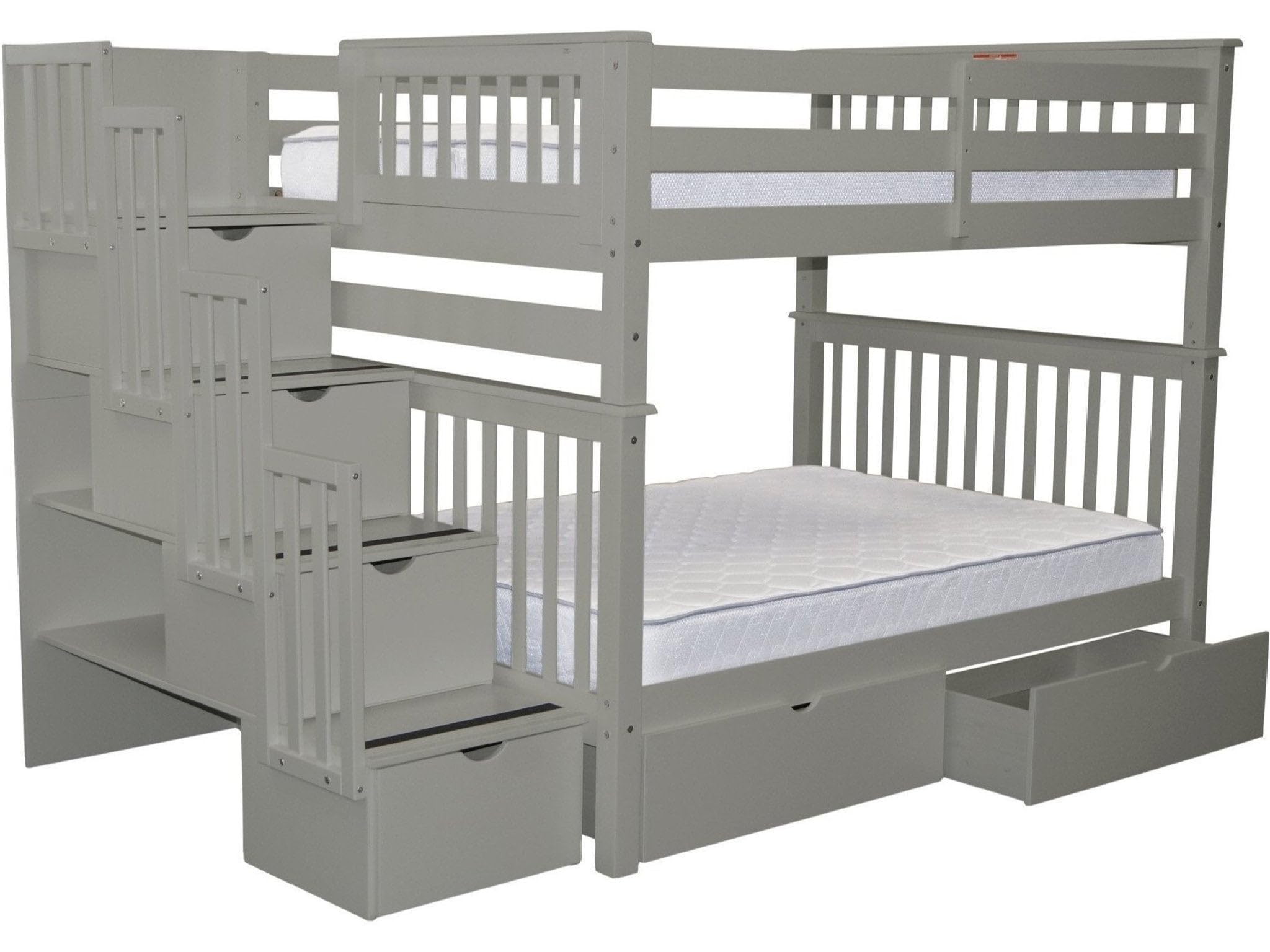 Bedz King Bunk Beds Full over Full with 4 Drawers in the Steps and 2 Under Bed Drawers, Gray