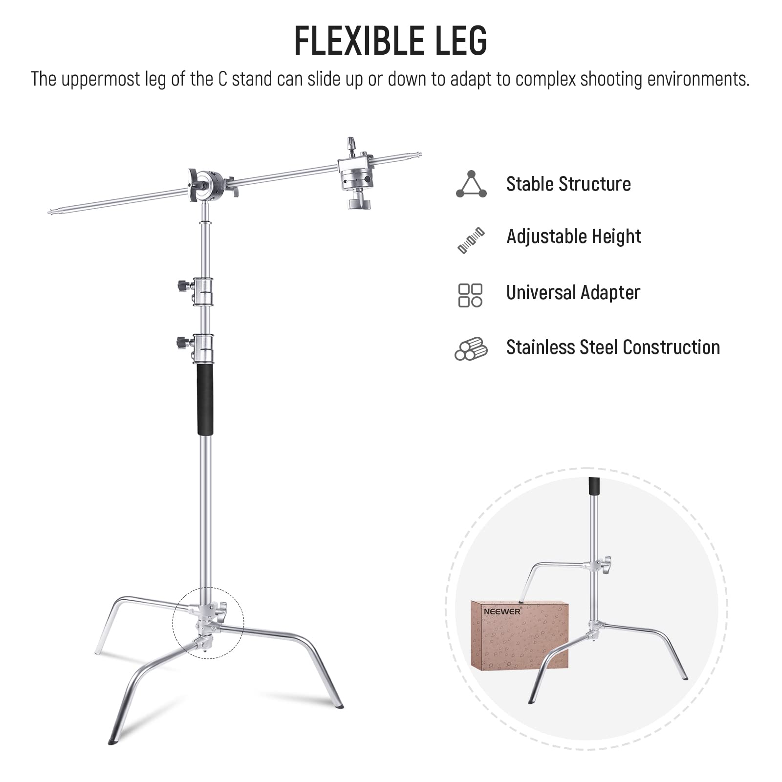 NEEWER C Stand with Boom Arm & Sliding Legs, Pro 100% Stainless Steel Stand Max Height 10.13ft/309cm with 3.9ft/120cm Arm & 2 Grip Heads for Photography Umbrellas, Reflectors, Softboxes and Monolights