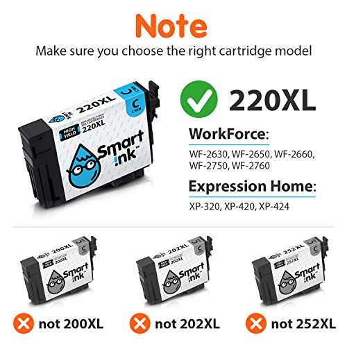 Smart Ink Remanufactured Ink Cartridge Replacement for Epson 220 XL T220 220XL to use with Workforce WF-2630 WF-2650 WF-2750 Expression Home XP-320 XP-420 XP-424 Printers (2 Black, C/M/Y 5 Multipack)
