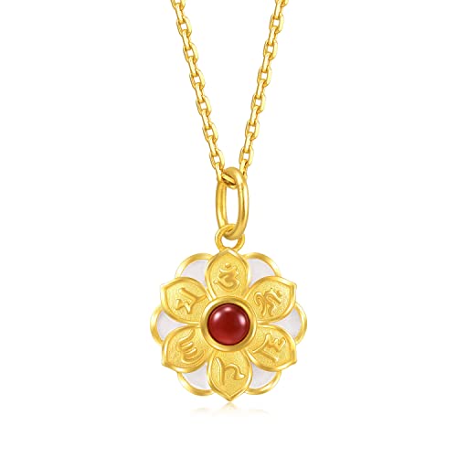 CHOW SANG SANG Cultural Blessing 999.9 24K Solid Gold Om Mani Padme Hum with Red Agate Pendant for Women 93484P | [Not Include the Necklace]