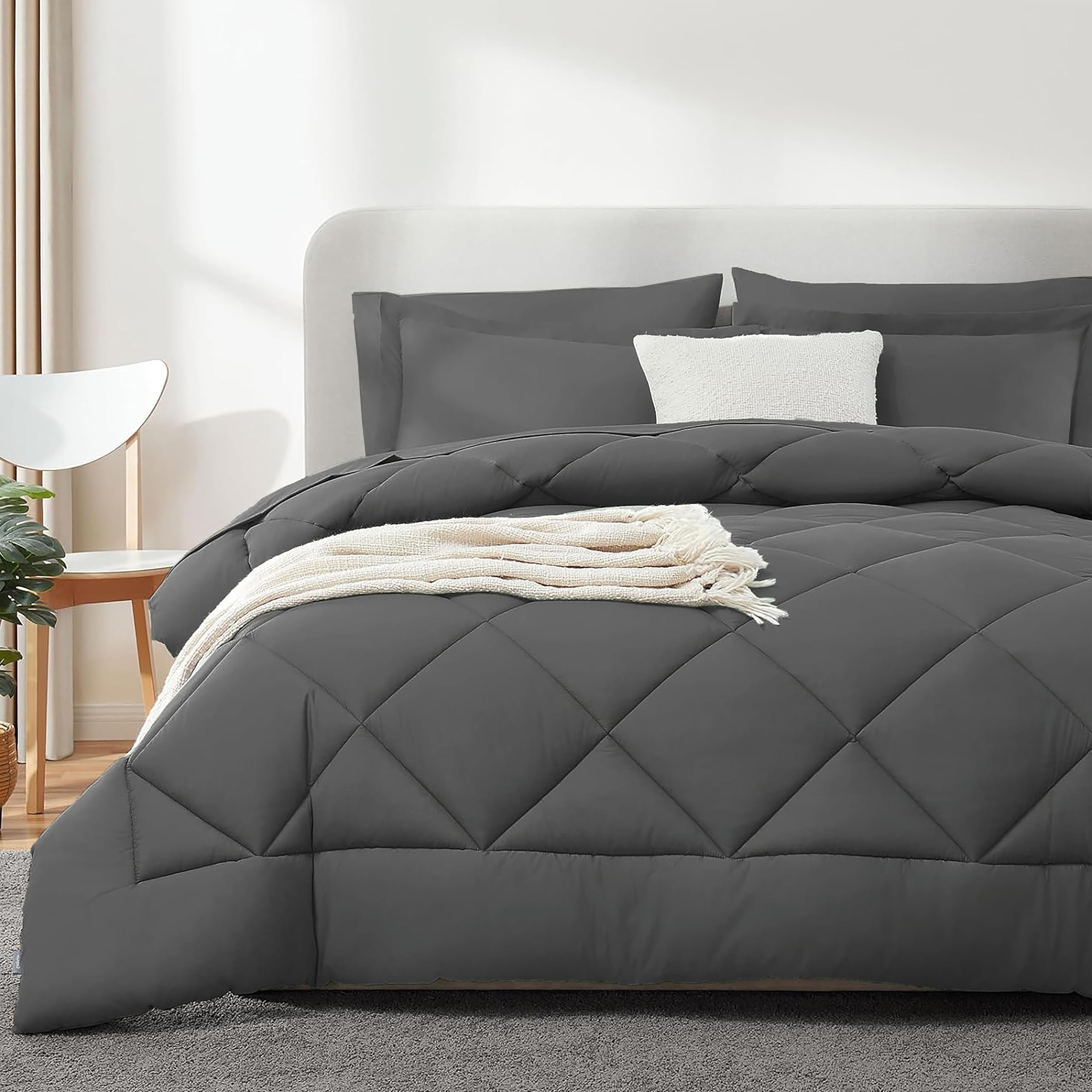 Sleepdown Bed in a Bag Twin Comforter Set with Sheets - 5 Piece, All Season Kids Twin Bedding Sets with Comforter Set for Girls and Boys, Flat Sheet, Fitted Sheet, Pillowcase & Sham (Dark Gray, Twin)