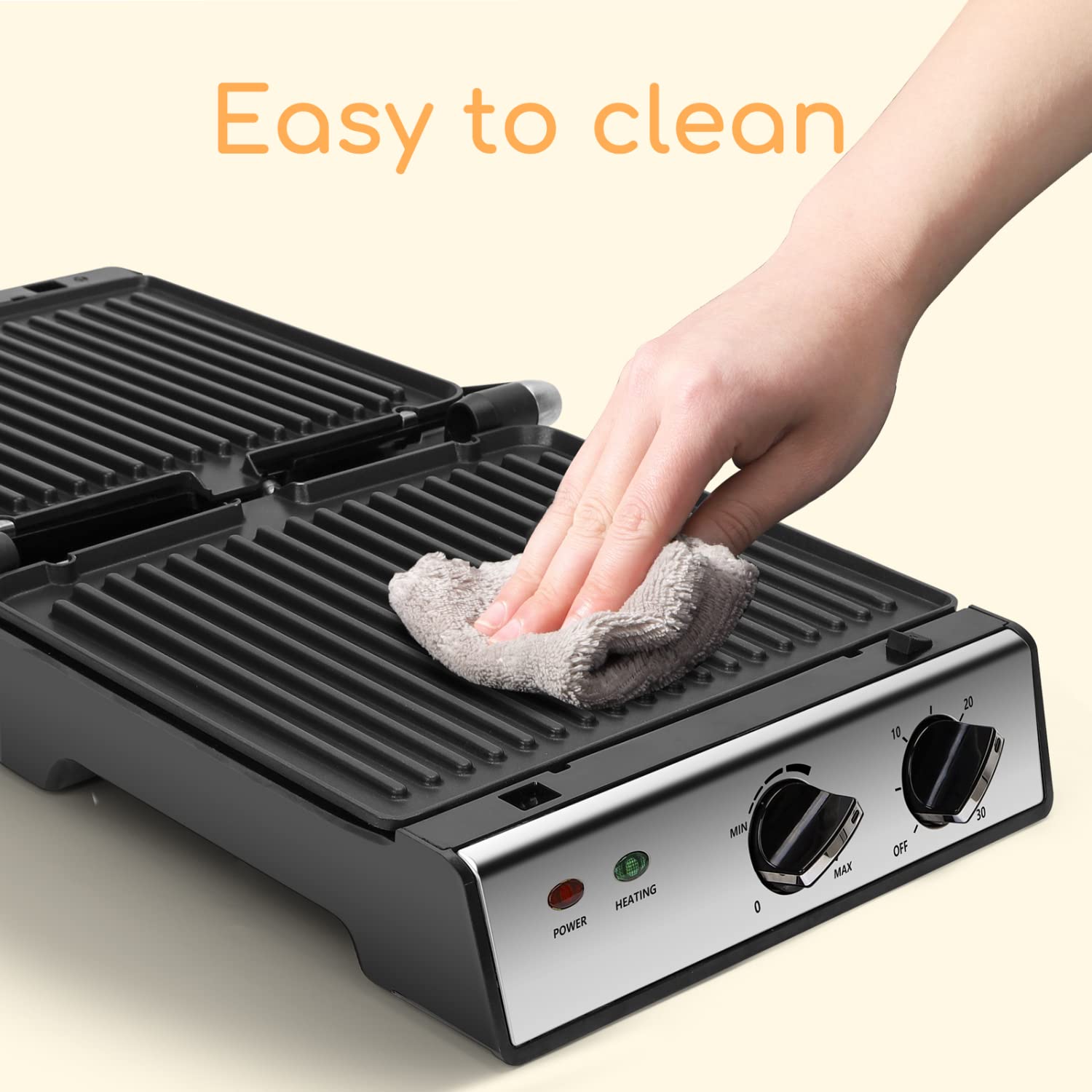 Aigostar Panini Press with removable plates, Electric Indoor Grill Smokeless, with Non-Stick Coated Plates, Opens 180 Degrees, Stainless Steel Sandwich Maker with Temperature Control & Timer, 1500W
