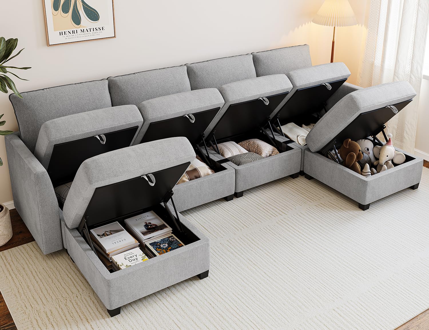 IDEALHOUSE Modular Sectional Accent Chair with Storage Seat, Linen Fabric Modern Sofa Chair with Strong Wood Frame, Upholstered Armchair with Reading Chair for Living Room Small Spaces, Grey