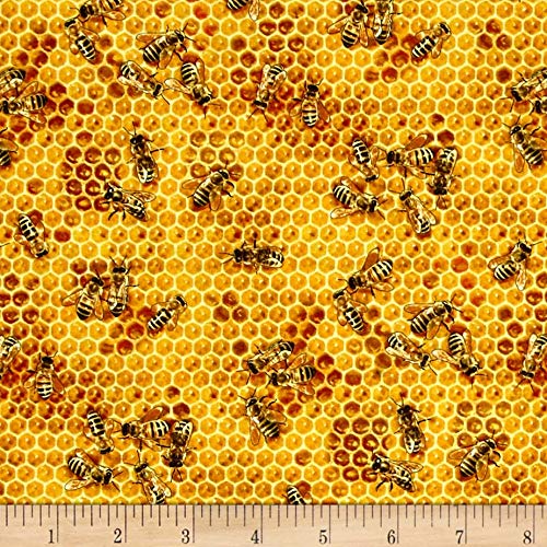 Bees and Flowers Honeycomb Honey, Fabric by the Yard