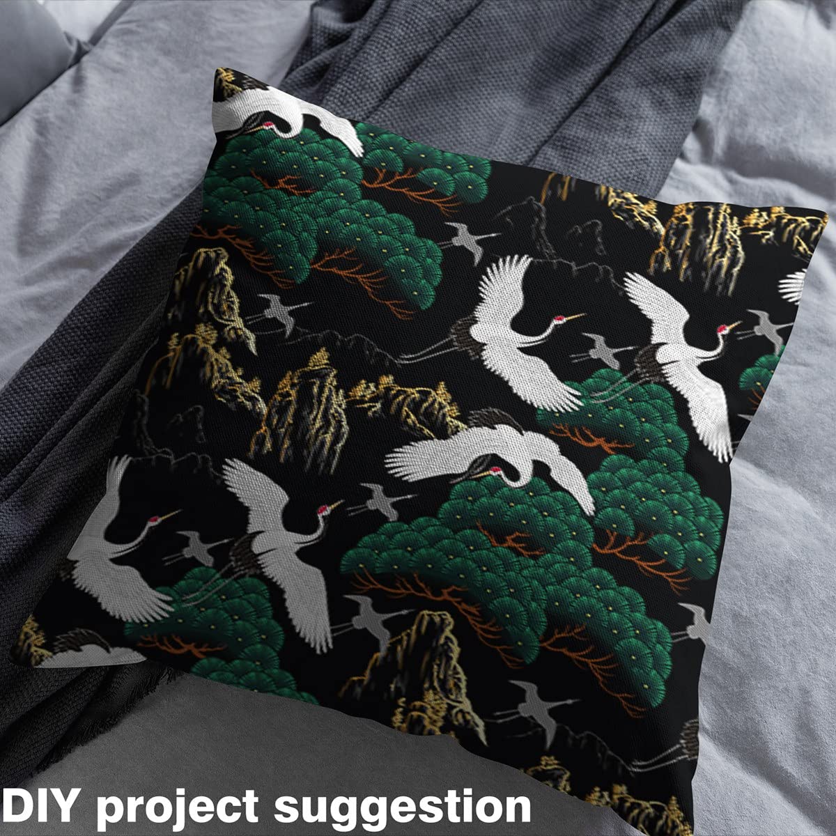 Crane Fabric by The Yard Green Golden Sketch Mountain Trees Fabric for Craft Art Lovers Japanese Style Wild Bird Botanical Plants Fabric for DIY Upholstery and Home Accents 1 Yard