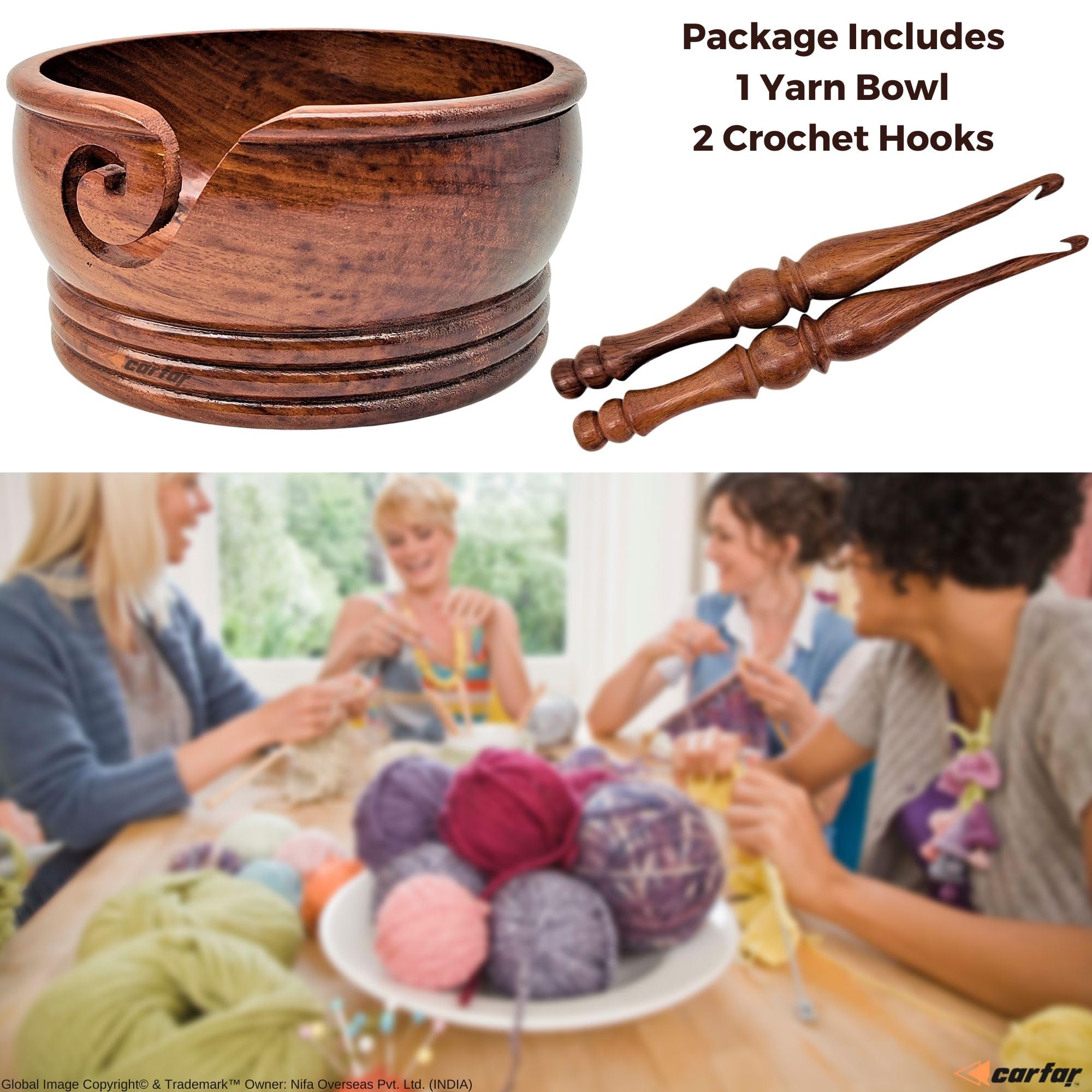 Carfar Knitting Yarn Bowl & Crochet Hooks Set Handmade Wooden Yarn Holder Bowl for Crocheting and Knitting