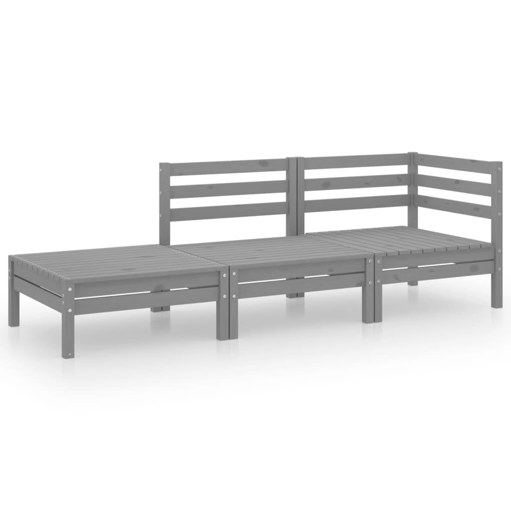 vidaXL 3 Piece Patio Lounge Set, Gray, Solid Pinewood, Outdoor Furniture, Modular Design, Includes Middle Sofa, Corner Sofa and Footstool