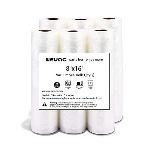 Wevac Vacuum Sealer Bags 8x16' Rolls 6 pack for Food Saver, Seal a Meal, Weston. Commercial Grade, BPA Free, Heavy Duty, Great for vac storage, Meal Prep or Sous Vide