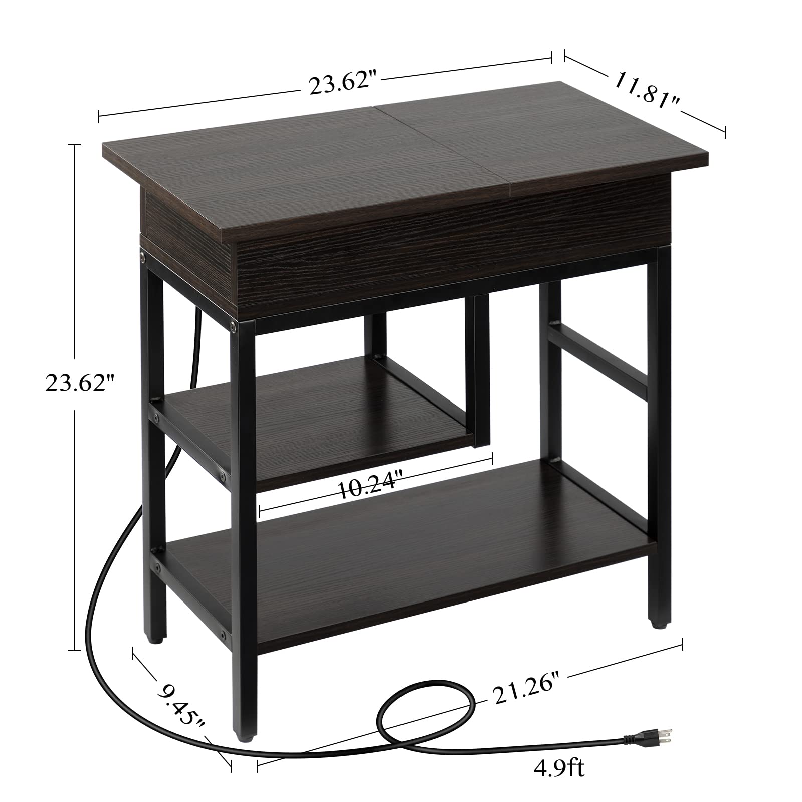 Hadulcet Side Table with USB Ports and Outlets, Narrow Sofa End Table with Storage Shelf for Small Spaces, Nightstand with Charging Station Bedside Table for Living Room, Black Walnut