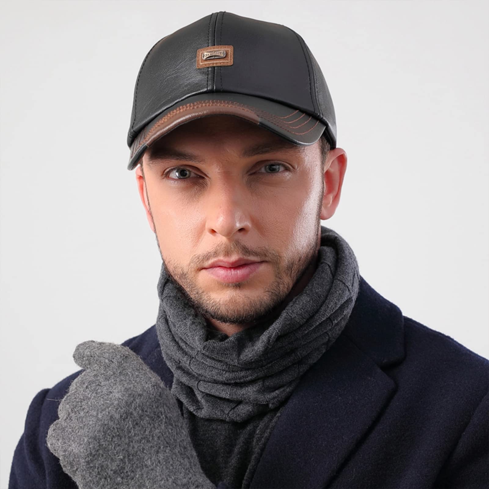 Adjustable Men's Baseball Cap Golf Cap Dad Hat Cowhide Leather Hunting Hat for Fall Winter Outdoor Sports Hat Black