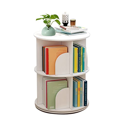 CNCEST 2 Layers 360° Rotating Bookshelves, Open Bookcase Freestanding Storage Shelf Nordic Style Bookshelf Organizer Storage Shelves Shelf Capacity 100k Place Books Small Potted Decorations (White)