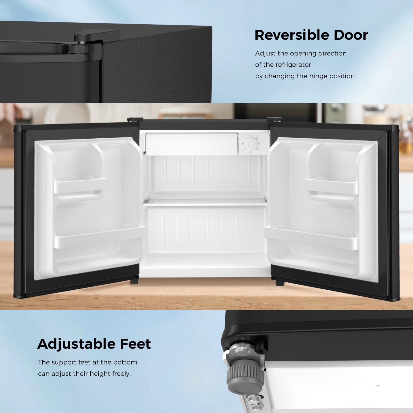 Antarctic Star Compact Refrigerator Mini Fridge with Freezer, Single Reversible Door, Dorm Fridge, Removable Glass Shelf, Defrost Button, for Bedroom, Office, Garage, 1.4 Cu. Ft, Black