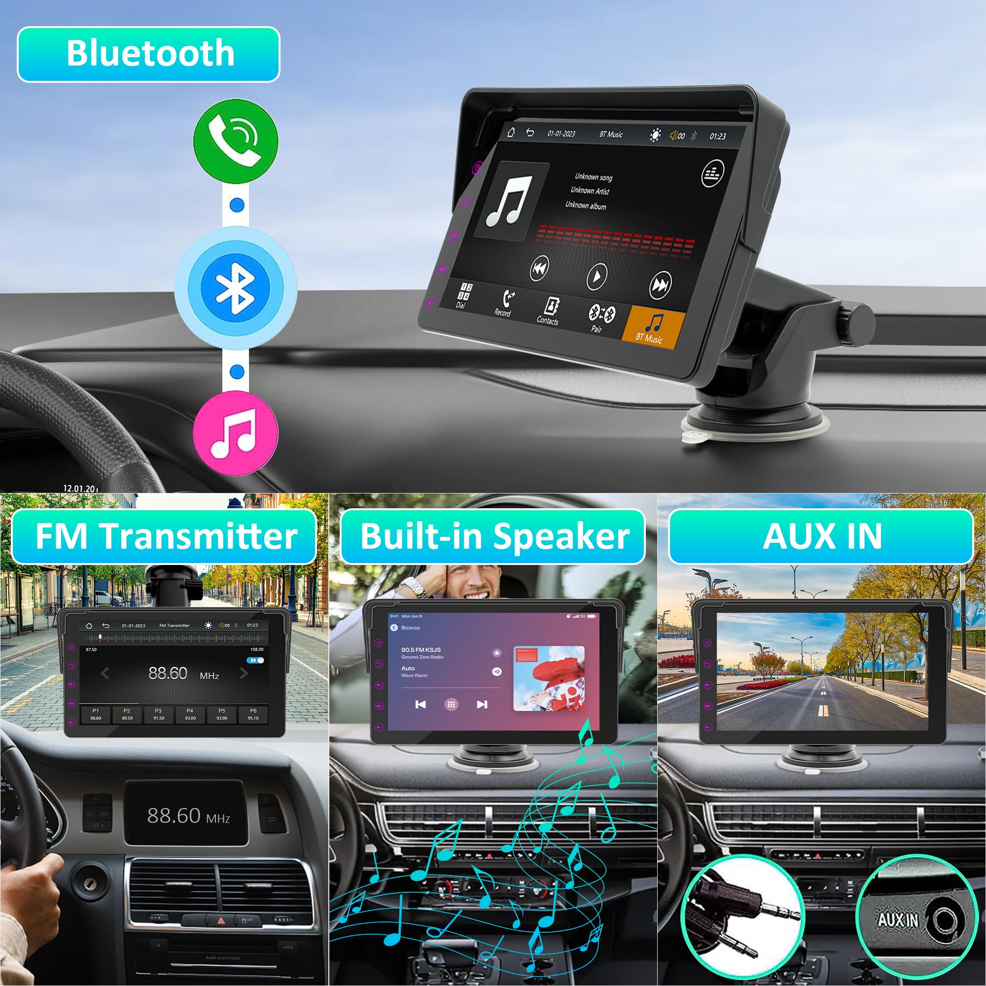 7" HD Double Din Car Stereo,Portable Wireless Dash Mount Apple CarPlay&Android Auto,Touchscreen Display,HD Backup Camera,Bluetooth,Mirror Link,FM,Drive Mate CarPlay Navigation Screen for All Vehicles