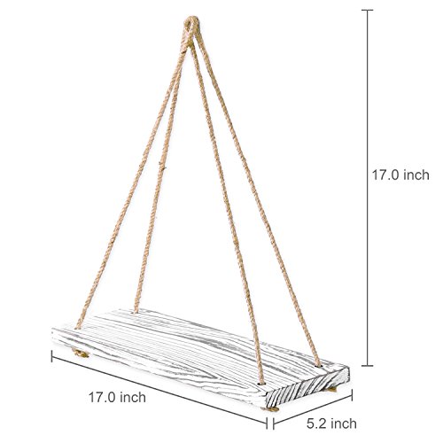 MyGift 17-inch Whitewashed Wood Hanging Swing Rope Floating Shelves - Farmhouse Rustic Triangle Wall Plant Shelf, Set of 2