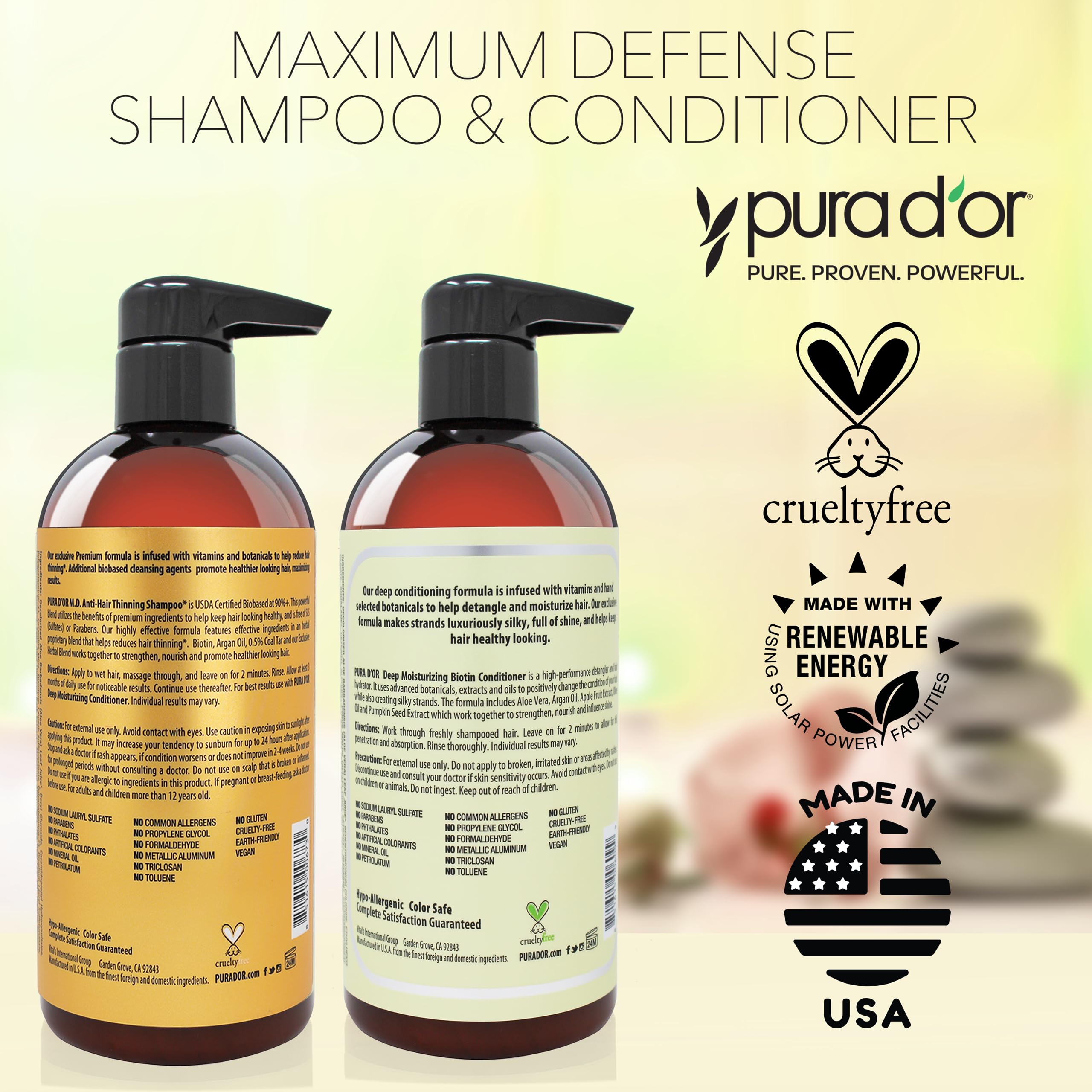 PURA D'OR MD Anti-Thinning Biotin Shampoo & Conditioner Set (16oz x2) Maximum Defense Coal-Tar Strong Scented DHT Blocker Hair Thickening Products For Women & Men, Daily Shampoo For Scalp Health