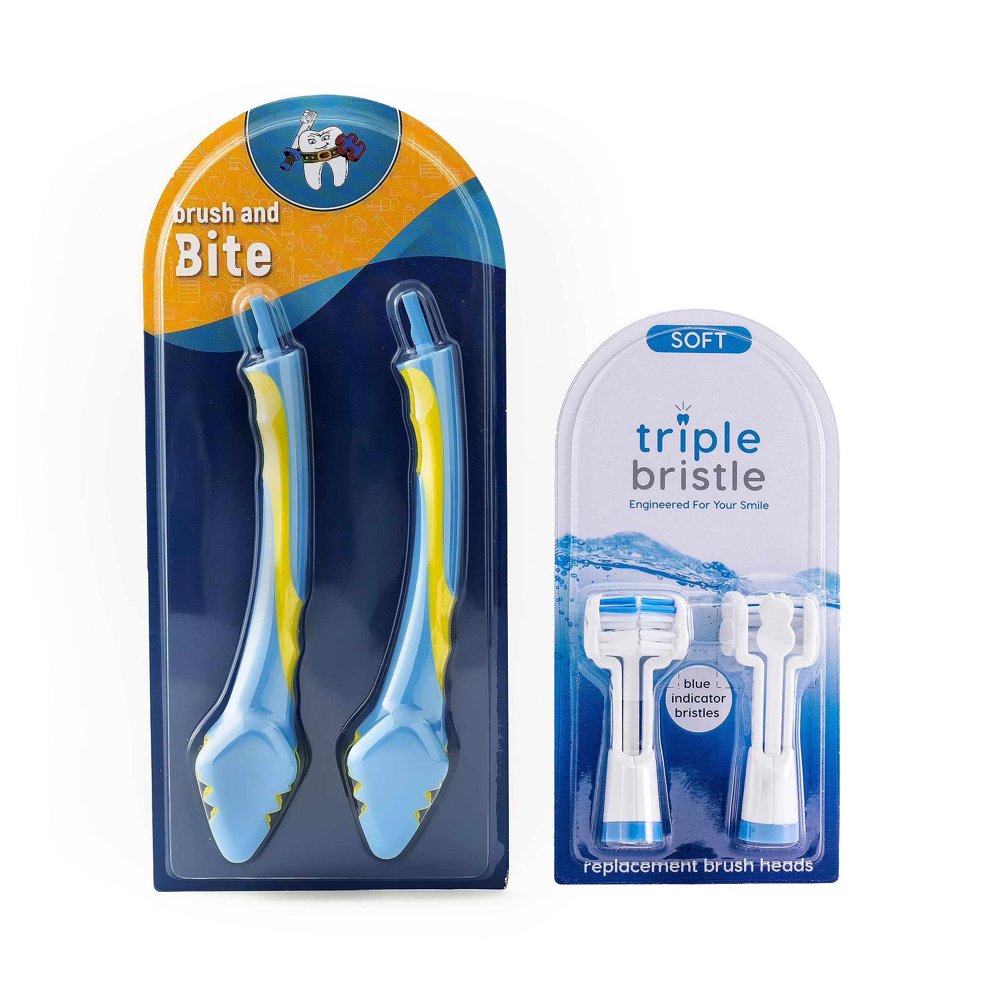 Triple Bristle Brush and Bite Handle Replacement Brush Head Combo | Special Needs & Autism Mouth Prop Toothbrush | Ergonomic Handle w/Bite Block | Patented 3 Head Design | Kids & Adults