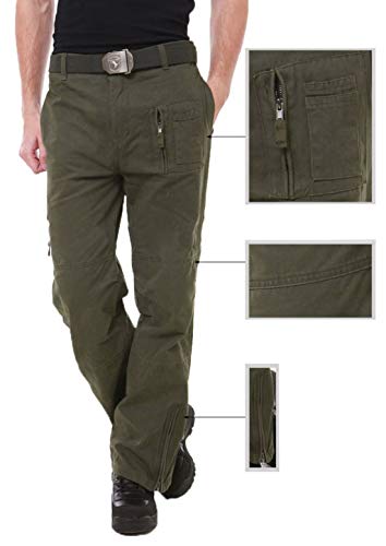 CRYSULLY Men's Casual Trousers Cotton Wild Cargo Pant Combat Wear Work Pants with Zipper Assault Pants Army Green