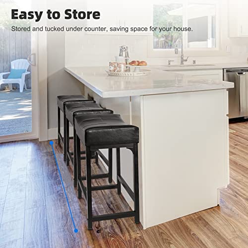 FLYZC Counter Height Bar Stools Set of 2, 24 Inch Stools for Kitchen Counter with Soft Cushion Bar Stools and Barstools Steel Frame, Black Saddle Stools for Kitchen Island Bar Support 300 LBS(Black)