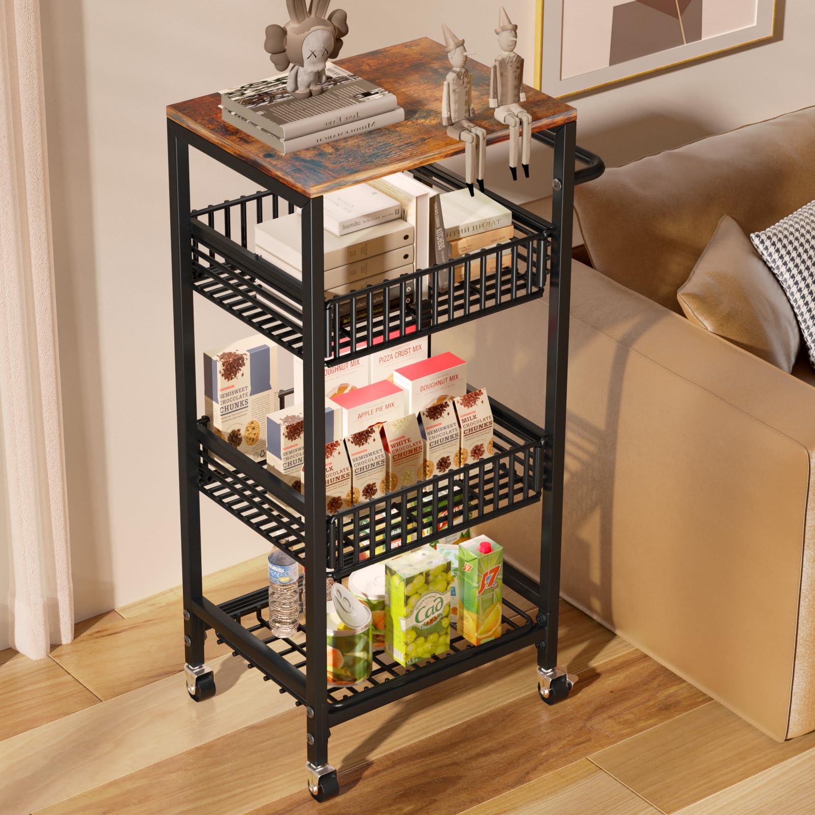 4Tier Roling Cart, Utility Cart, Storage Cart, Kitchen Carts on Wheels with Wood Top, Pull-Out Wire Basket for Fruit, Black